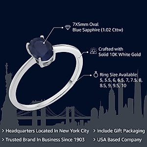 Gem Stone King 10K White Gold Blue Sapphire Solitaire Engagement Ring For Women | 1.02 Cttw | Oval 7X5MM | Gemstone September Birthstone | Available in Size 5-10