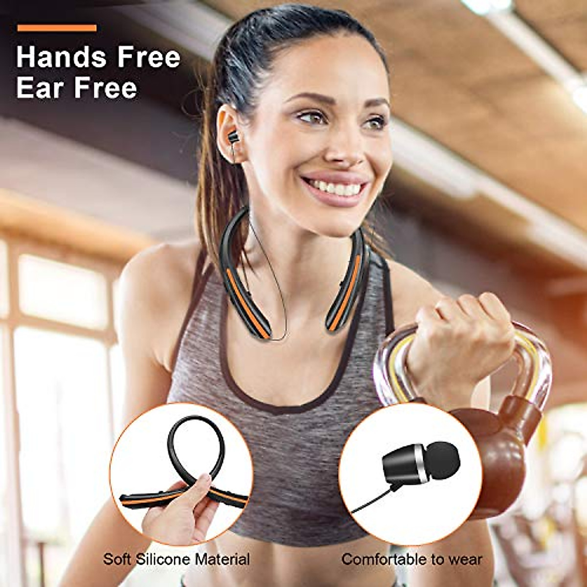 Bluetooth Retractable Headphones, Wireless Earbuds Neckband Headset Noise Cancelling Stereo Earphones(Orange)
