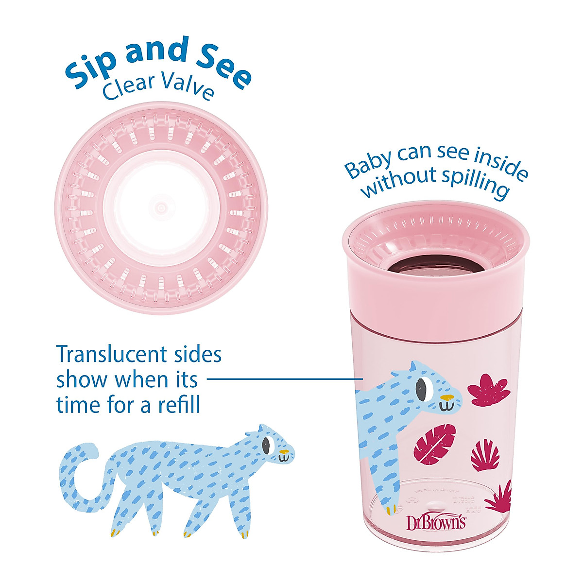 Dr. Brown's Milestones Cheers 360 Cup Spoutless Transition Cup, Travel Friendly & Leak-Free Sippy Cup, Pink Leopard – Red Lemur, 10 oz/300 mL, 2 count (1 pack)