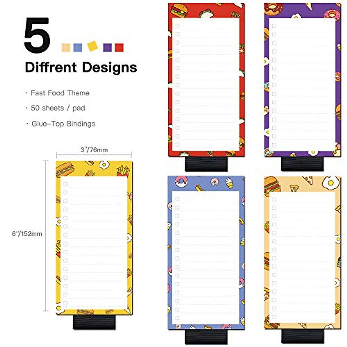 5 Pack Magnetic Notepads with Pen Holder for Fridge, Full Magnet Back Notepad, To Do List, Grocery Shopping, Fast Food Theme, 6 x 3 Inches, 50 Sheets, Memo Pad for Fridge, Locker, File Cabinet, etc