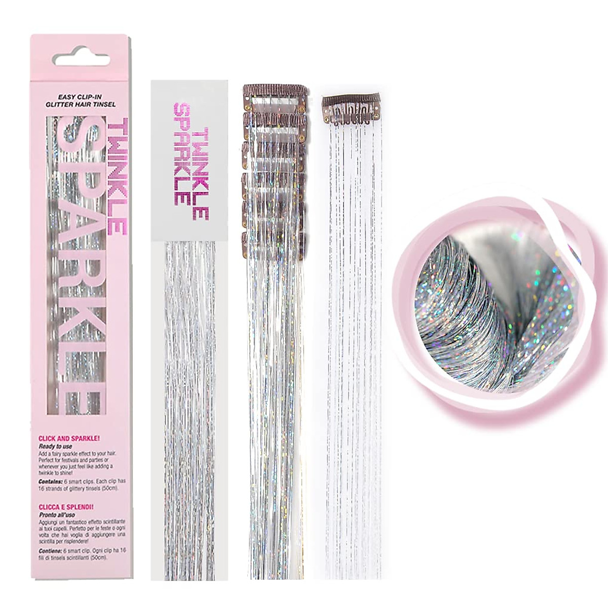 6Pcs Clip in Hair Tinsel Kit, 19.6 Inch Heat Resistant Glitter Tinsel Hair Extension with Clips on, Fairy Hair Sparkle Strands Festival Gift Party Dazzle Hair Accessories for Women Girls Kids (SILVER)