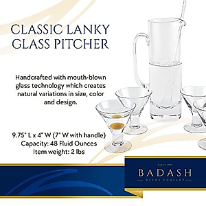 Badash Crystal Glass Pitcher - 9.75” Tall Mouth-Blown Lead-Free Crystal Glass Pitcher - 48 oz. Cocktail Pitcher - Cylinder Pitcher for any Beverage