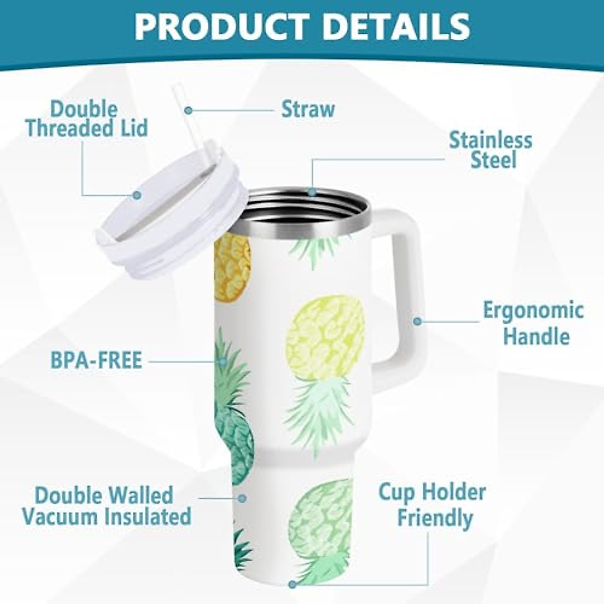 RPLIFE Fresh Pineapple Mix White 40 Oz Tumbler with Handle, Stainless Steel Cup, Insulated Coffee Mug with Lid