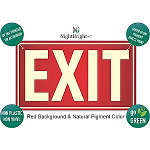 Photoluminescent Exit Sign (Red) / Pack of 2 / UV Inks on Aluminum. Heat Resistant | Cold Tolerant | Weather Proof. MADE IN USA.