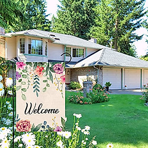 Louise Maelys Welcome Spring Summer Garden Flag 12x18 Double Sided, Burlap Small Vertical Spring Floral Flower Garden Yard Flags for Outside Outdoor House Seasonal Decoration (ONLY FLAG)