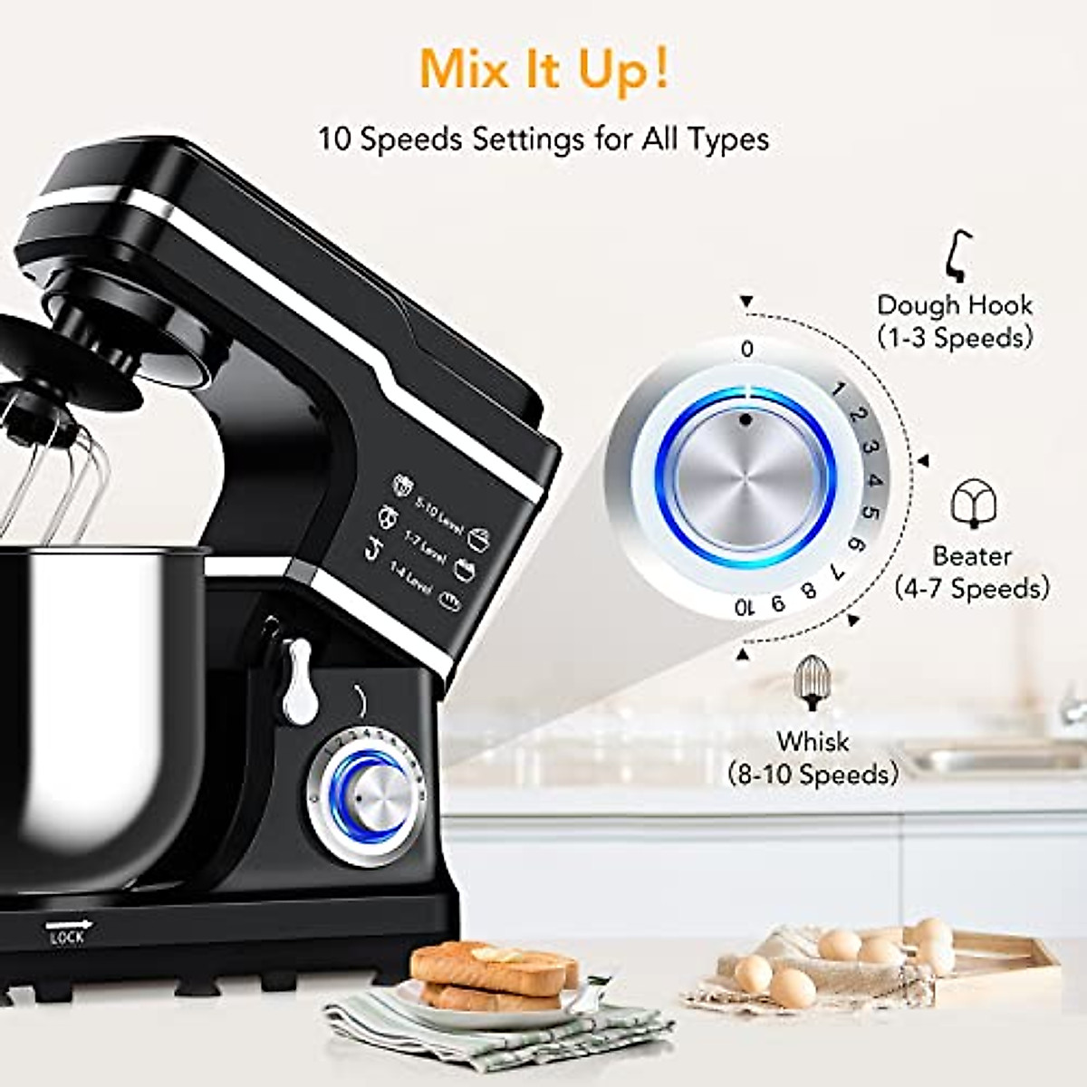 FlexWill Stand Mixer 7.5QT Dough Mixer 10 Speeds Tilt-Head Food Mixer Electric Stand Mixer with Stainless Steel Bowl, Dough Hook, Egg Whisk, Flat Beater, Splash Guard 300W Cake Mixer Black (MC1)