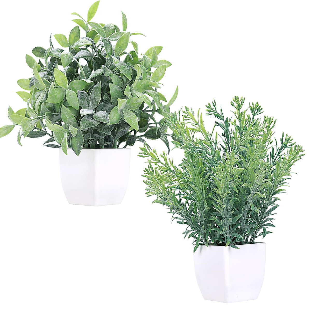 summer flower 2 Pack Fake Plants in White Pot Small Artificial Eucalyptus Potted Plants (Green-01)