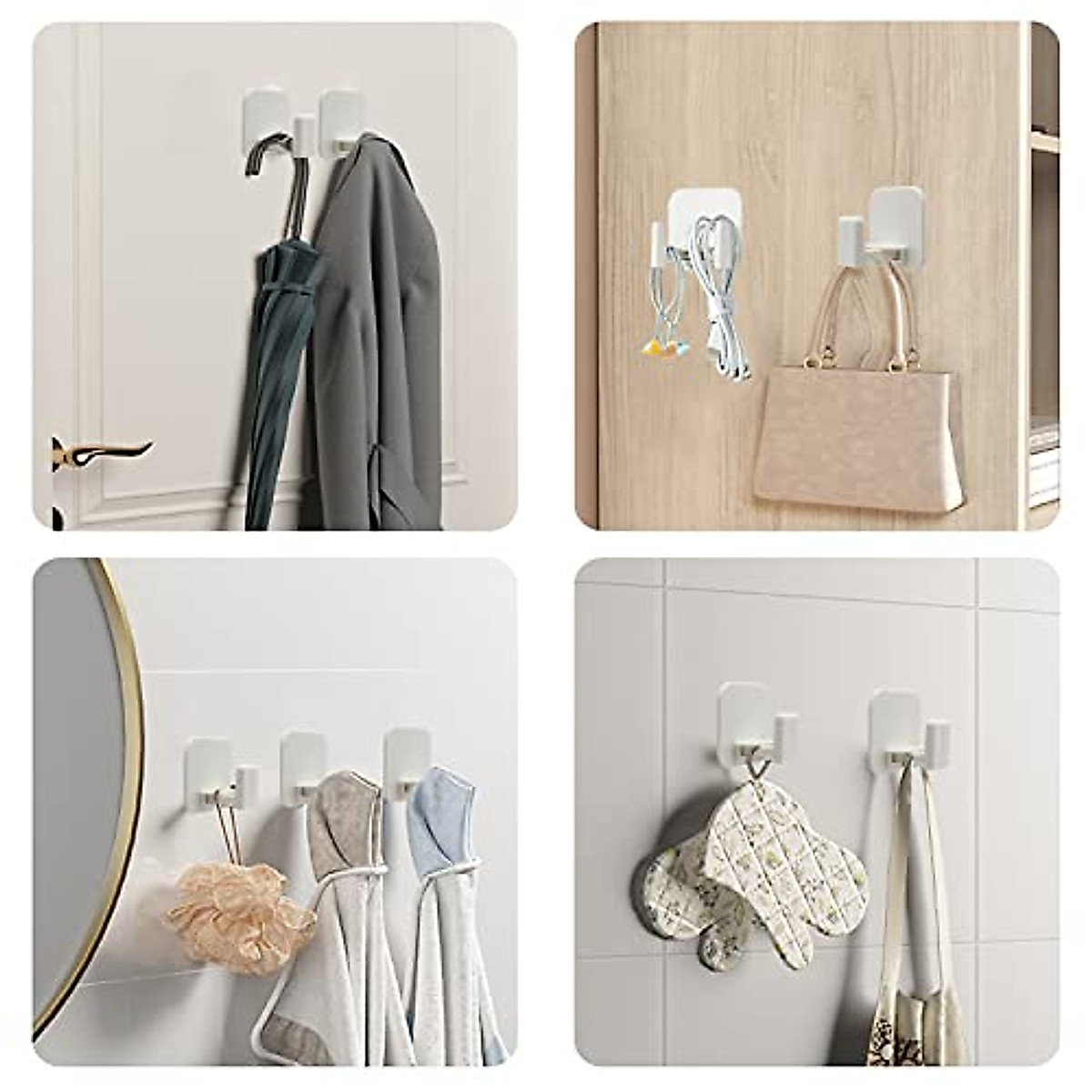 Modixun 8pcs Double Wall Hooks, Openable and Closeable, Self-Adhesive Double Prong Hooks, Double Robe Towel Hooks, Dual Hooks for Coat, Bag, Hat, Scarf, Jacket, Key, White