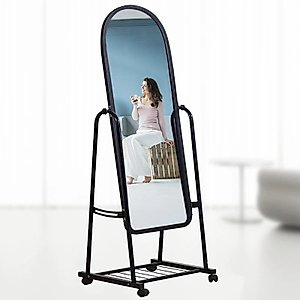 Jexdar Full-Length Mirror with Bracket, 66"x17"Adjustable Stand Up Mirror on Wheels with Underneath Storage, Floor-Standing Make Up Vanity Mirror Dressing Mirror for Bedroom Bathroom Porch