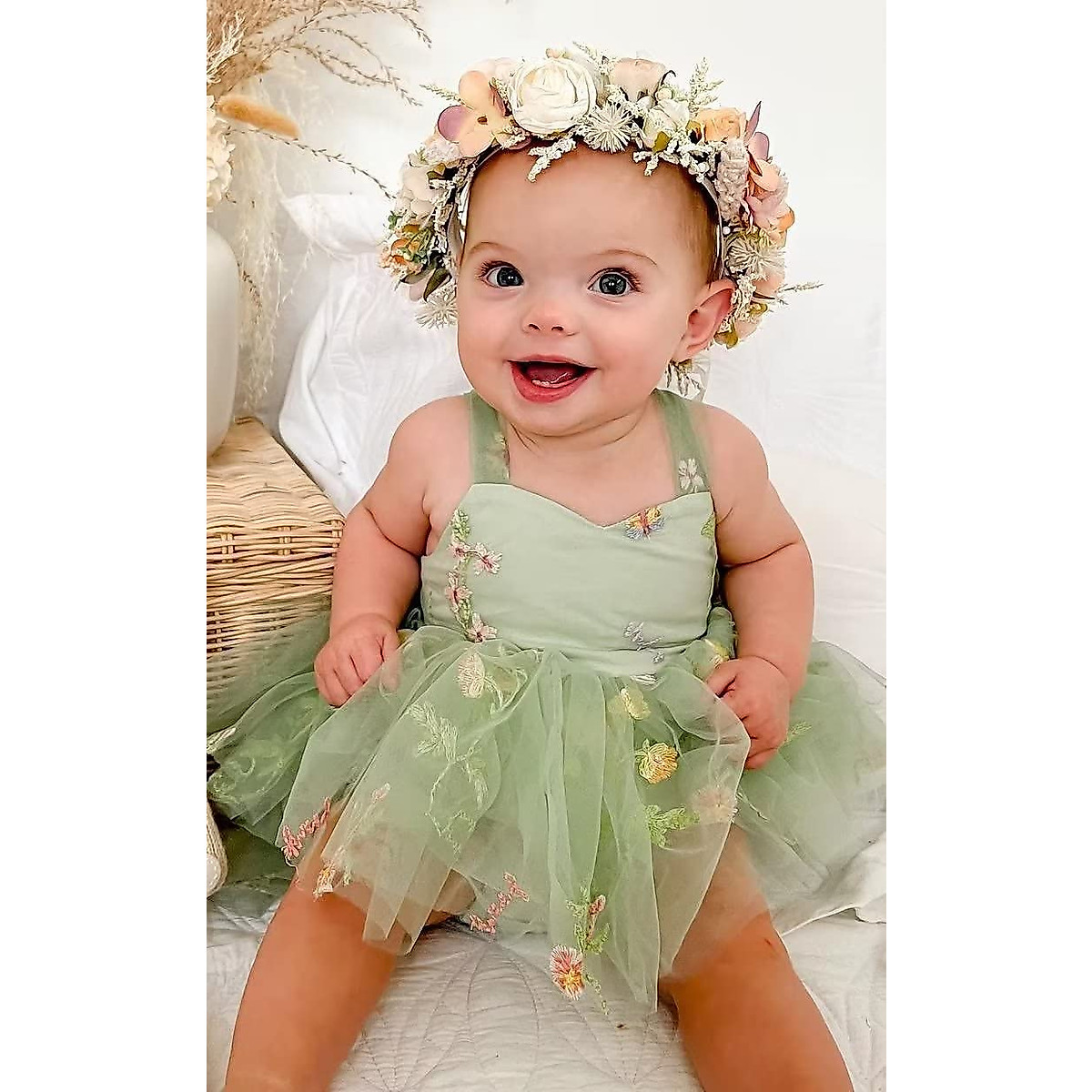 JISISANG Flower Girl Dresses for Wedding Toddler Short Floral Embroidered Tulle Bow-Knot Pageant Princess Boho Summer Swing Dress for Girls Kids Peach Pink 2