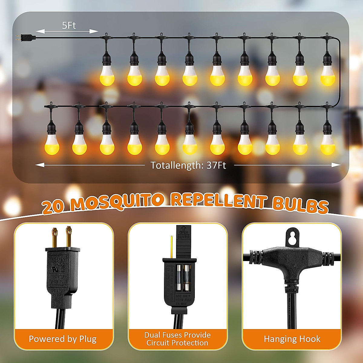 Qualirey Mosquito Repellent LED String Light for Outdoor, 7W Waterproof Mosquito Repellent Light Bulbs Outdoor Mosquito Repellent for Patio Backyard Deck(37.7 ft)