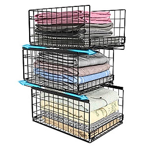 3-tier Sliding Closet Organizers and Drawer Storage Shelves, Stackable Storage Bins for Jean Pants Sweaters, Metal Drawer Shelf Clothes Storage Container, Wardrobe Cupboard Organizer for Folded Clothe