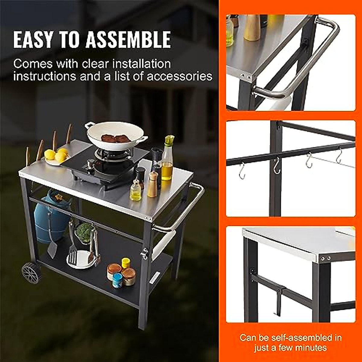 VEVOR Outdoor Grill Dining Cart with Double-Shelf, BBQ Movable Food Prep Table, Multifunctional Stainless Steel Table Top, Portable Modular Carts for Pizza Oven, Worktable with 2 Wheels, Carry Handle
