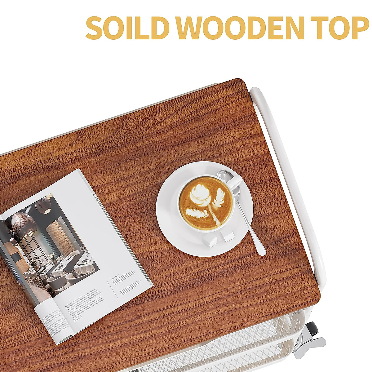 TOOLF 3-Tier Utility Rolling Cart with Wooden Board and Drawer, Metal Storage Cart with Handle, White Trolley Kitchen Organizer Rolling Desk with Locking Wheels for Office, Classroom, Home, Bedroom