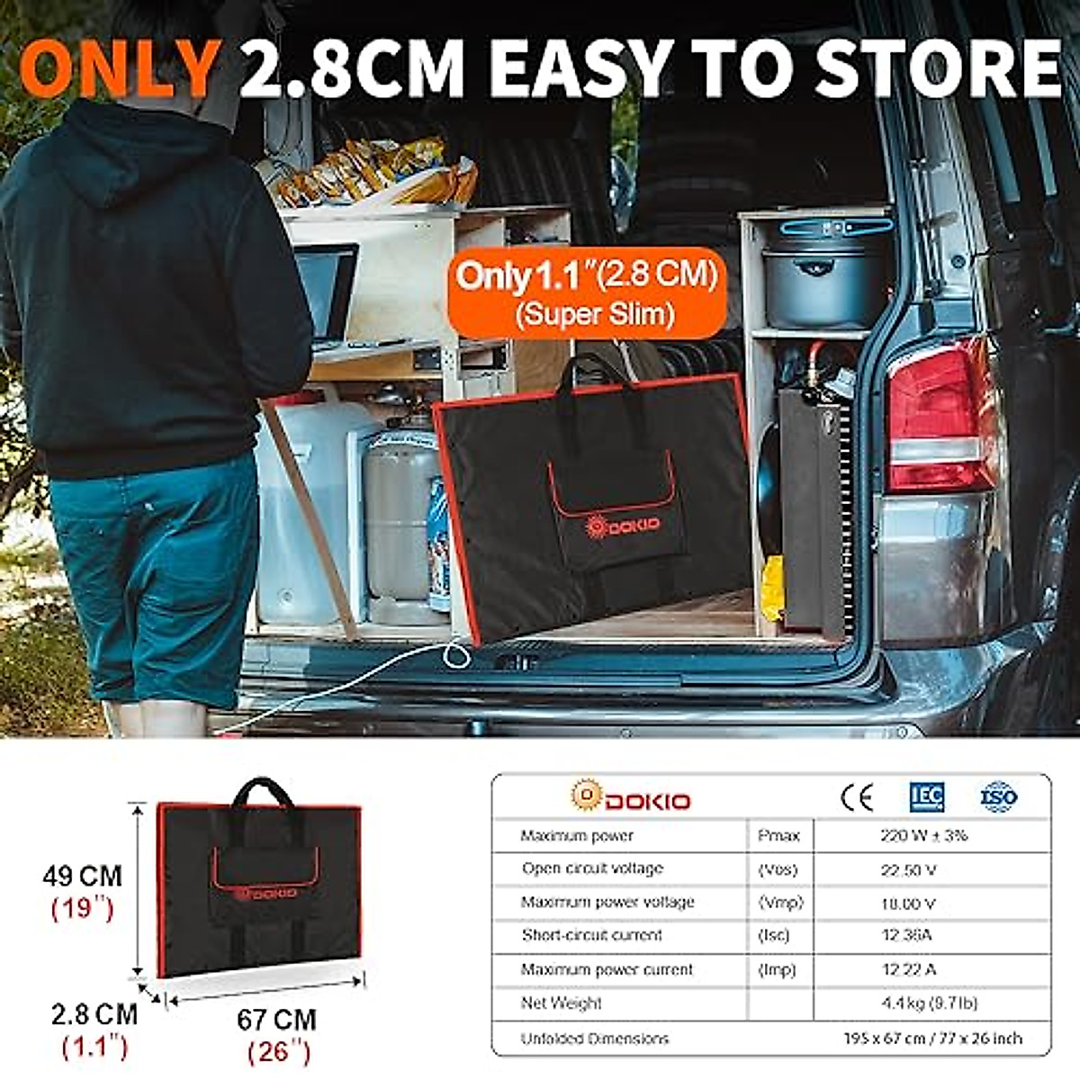 DOKIO 220w 18v Portable Foldable Solar Panel Kit (29x21inch,11.7lb) Solar Charger with Controller 2 USB Output to Charge 12v Batteries/Power Station (AGM, Lifepo4) Rv Camping Trailer Emergency Power……