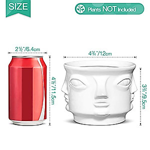 T4U Face Succulent Pots with Drainage 2-Pack - Small Ceramic Head Succulent Planter for Tiny Cactus, Herb, Bonsai Plant, Mini Flower Pot for Indoor Home Office Living Room Decor (No Plants)