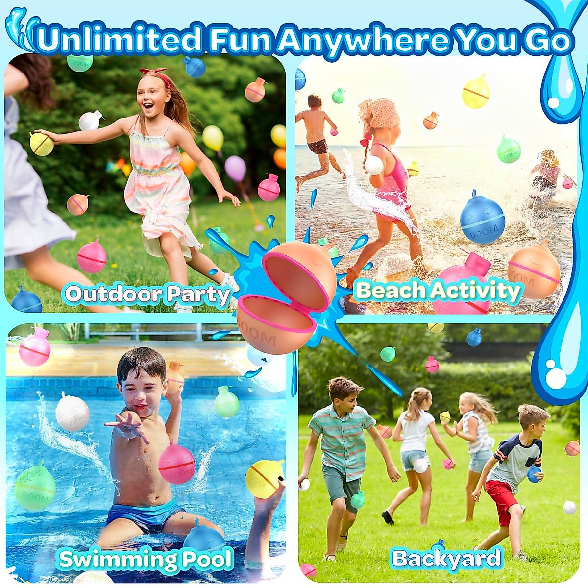 12pcs Reusable Water Balloons for Kids - Silicone Balloon with Magnetic Self Sealing Magnetic Quick and Easy Refill Outdoor Water Bombs - Bulk Pack with Mesh Bag (Bomb & Grenade)