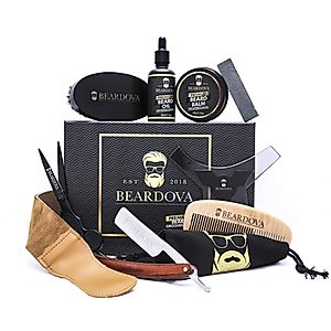 Beard Grooming Kit for Men 10 in 1 – Best Beard Kit Includes Brush, Oil, Comb, Balm, Straight Razor, Sharpening Strop, Shaping Tool, Beard & Mustache Scissors & Cotton Bag for Beard Care