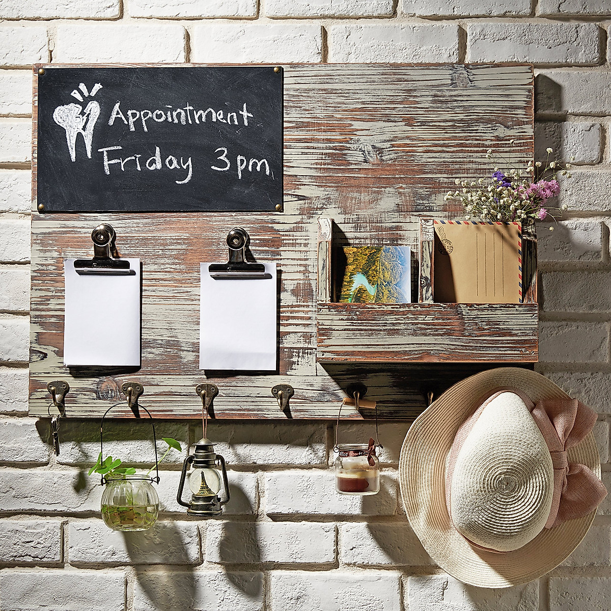 MyGift Torched Wood Wall Mounted Entryway Key Hook Rack, All-in-One Organizer with Chalkboard, Memo Clips, Mail Sorter and Hanging Hooks