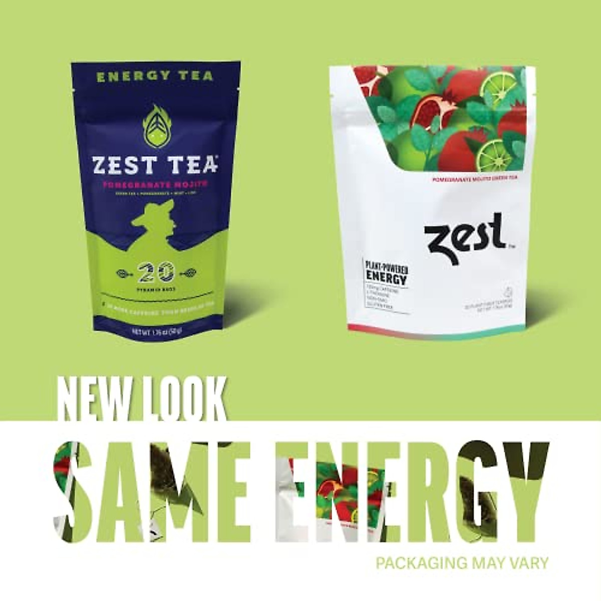 Zest 135mg High Caffeine Energy Leaf Blend - Pomegranate Mojito Green Tea - 20 Pack Bag - All Natural Strong Flavored Healthy Coffee Alternative Highly Caffeinated Substitute - Perfect for Keto