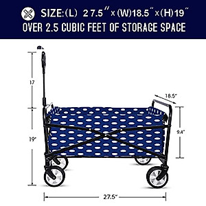 Collapsible Wagon Cart Seamless White Polka dots Navy Foldable Utility Wagon Large Capacity Garden Cart with Push Bar for Beach Camp Outdoor Shopping