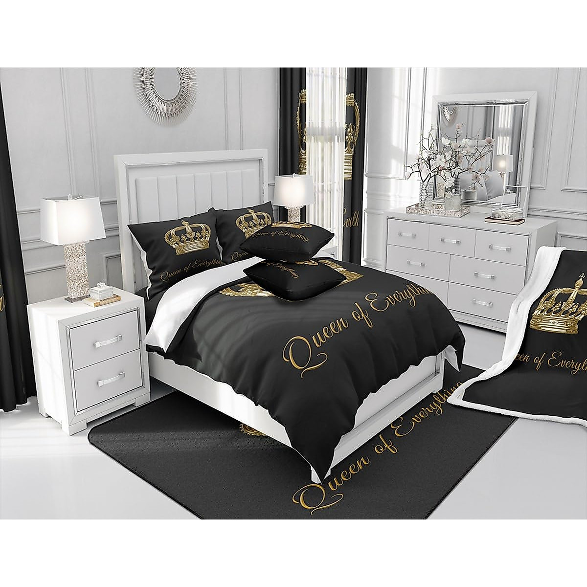 jejeloiu Queen Pattern Bedding Set Kids Crown Printed Comforter Set Modern Comforter for Women Men Room Decor Abstract Art Gold Black Duvet Set Queen Size with 2 Pillow Case