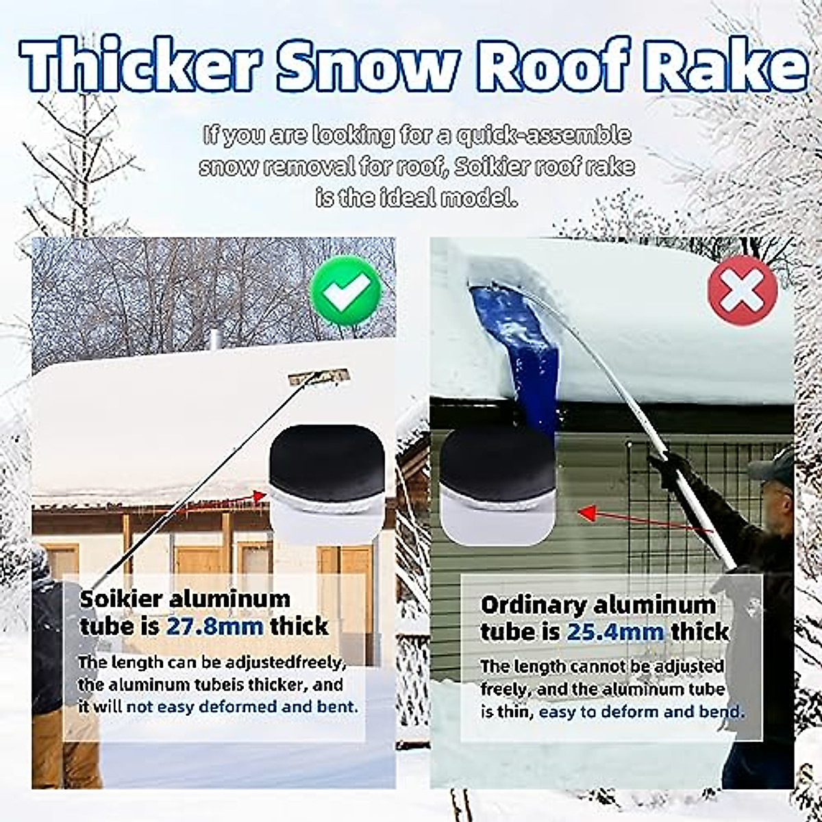 Soikier Thicken Snow Rake for House Roof with Wheels, 4.79" - 19.98" Extendable Aluminum Snow Roof Rake for Snow Removal, Anti-Slip Roof Rake Snow Removal Tool with 26" Blade & 5-Section Tubes