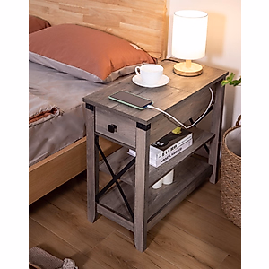 Awescuti Narrow End Table with Charging Station - Farmhouse Slim Side Table Set of 2, w/USB Ports Power Outlets, Nightstand w/Flip Top Storage Drawer, for Small Spaces Living Room Bedroom, Gray