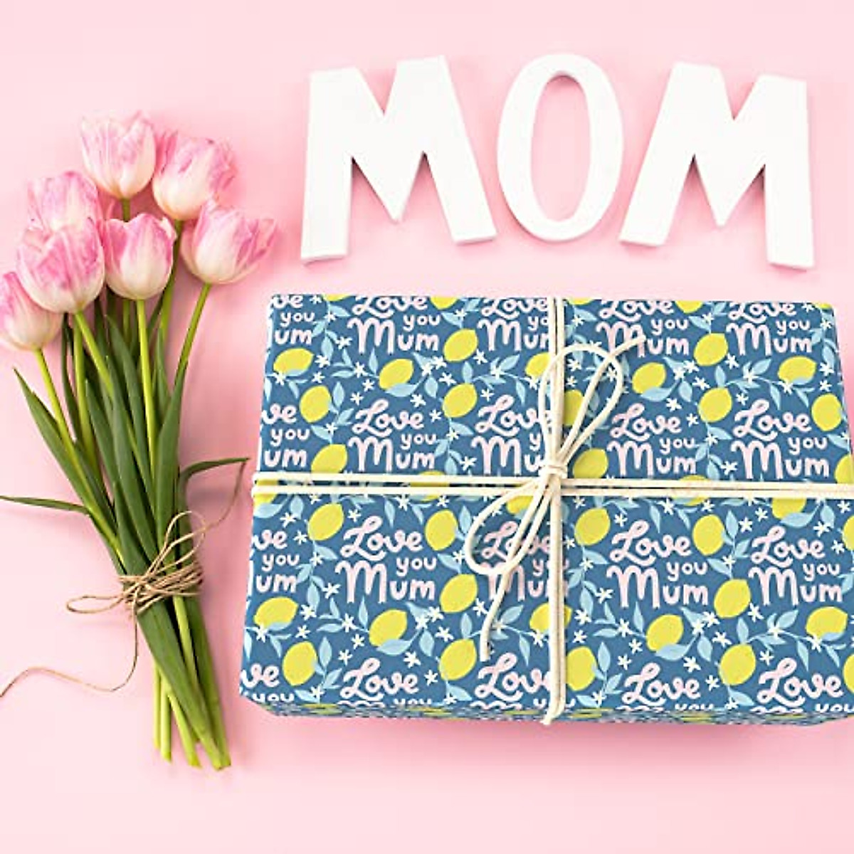 ZINTBIAL Mother's Day Wrapping Paper for Mom, Birthday, Bridal Shower - Gift Wrap with Floral, Love You Mum Letters Design - 20 x 29 Inches per Sheet (8 Sheets 33 sq. ft.) Recyclable, Easy to Store,