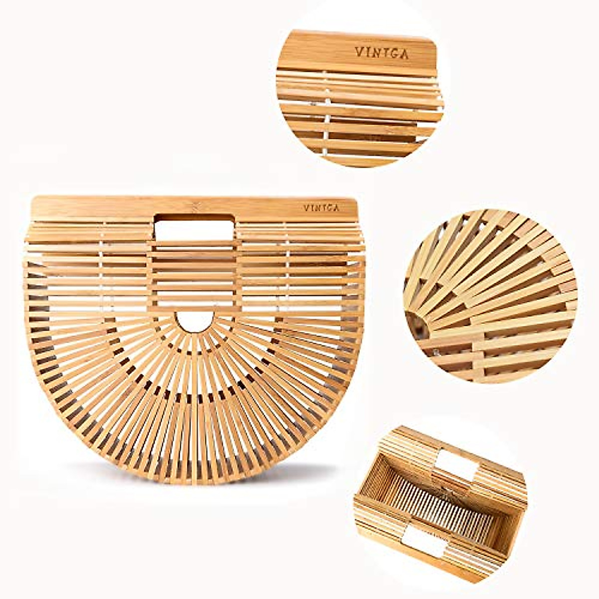 Vintga Bamboo Bags for Women Summer Straw Wooden Beach Purses Basket Handle Handbags (Small)