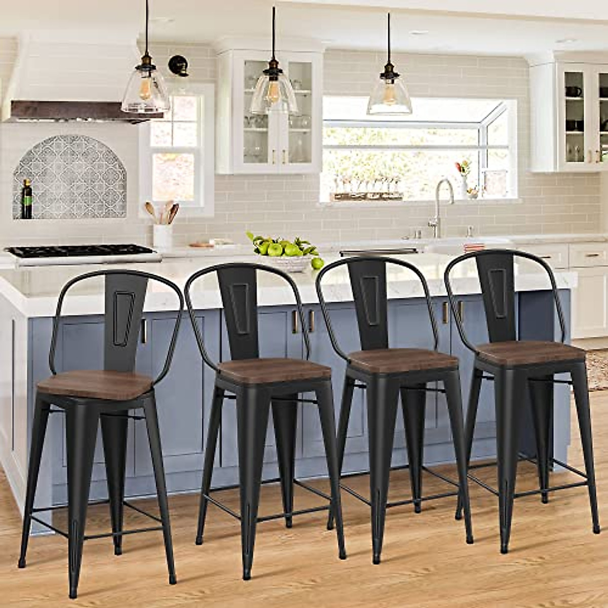 Alunaune 24" Swivel Metal Bar Stools Set of 4 High Back Counter Height Barstools Industrial Dining Bar Chairs with Large Wooden Seat-Matte Black