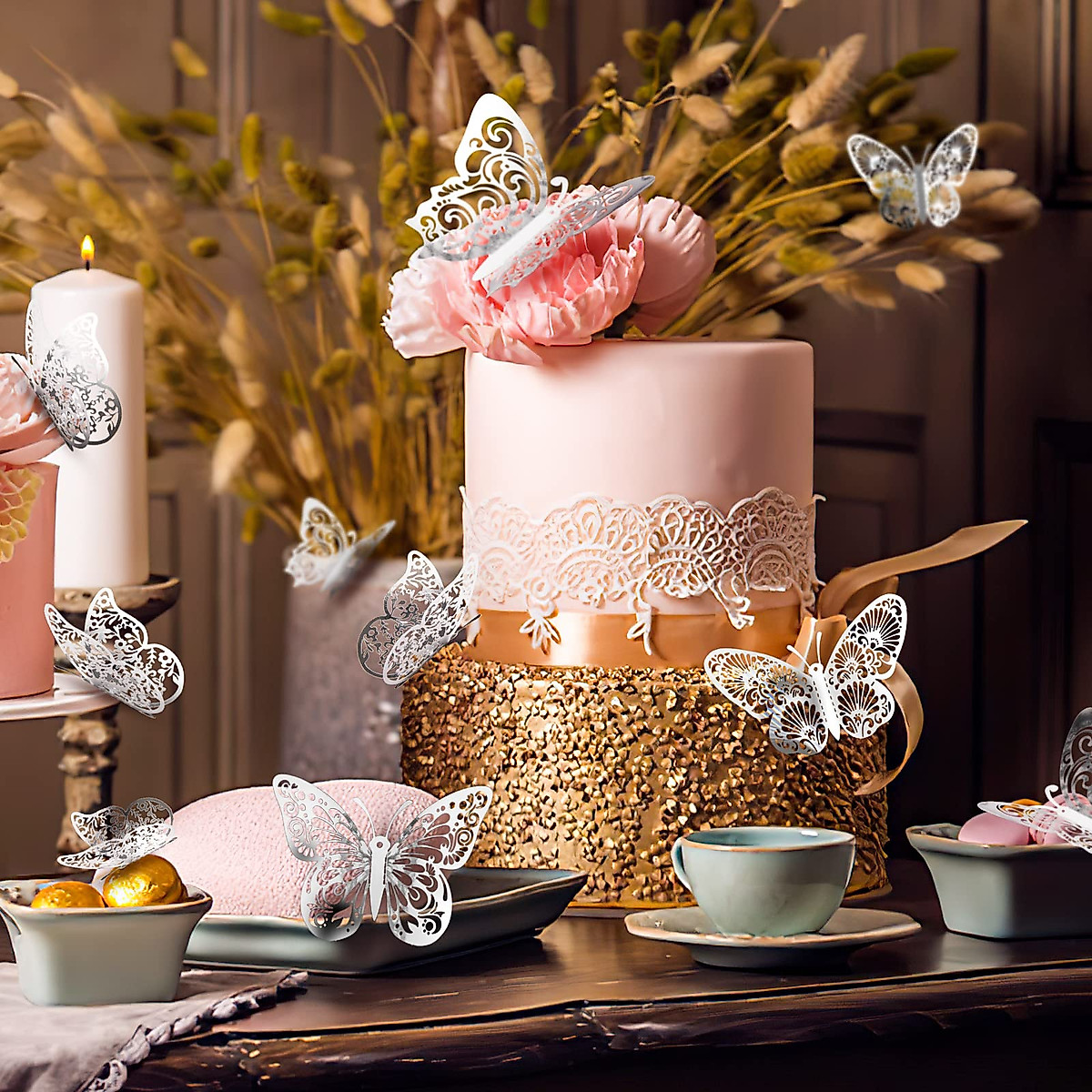 3D Butterfly Wall Decor Stickers Silver Butterfly Decorations Party, 48Pcs 4 Patterns 3 Sizes, Butterfly Cake Decorations Paper Butterflies Wall Decals for Kids Baby Nursery Room Bedroom Birthday