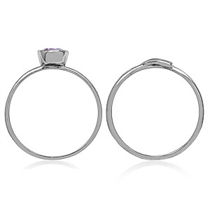 Silvershake Set of 2 Natural Amethyst White Gold Plated 925 Sterling Silver Bezel Set and Textured Band Ring Size 7.5