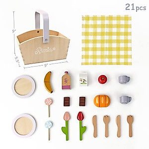 Pillowhale Wooden Picnic Basket Playset Toy,Pretend Play Food Sharing Playset with Cutting Fruits, Kids Imagination Play for Girls Boys Toddlers 3 Years Old and Up