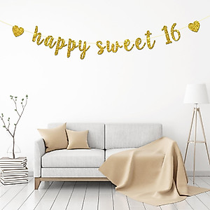 Happy Sweet 16 Banner, 16 and Fabulous, Cheer to 16 Years, Gold Glitter Happy 16th Birthday Party Decorations Supplies