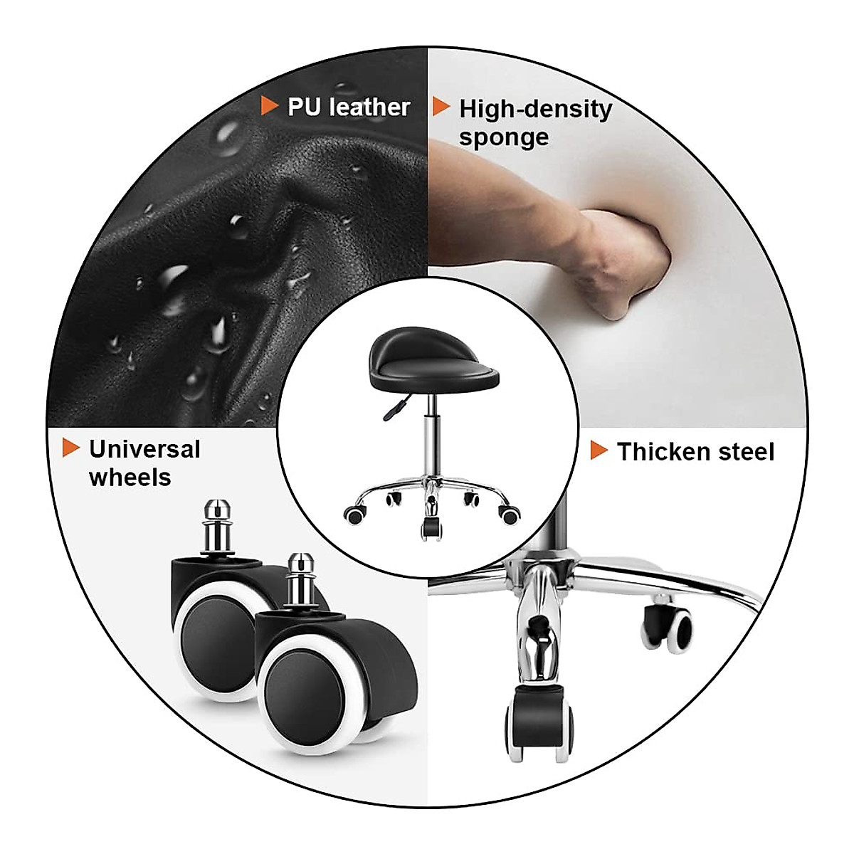 KKTONER PU Leather Round Rolling Stool with Back Rest Height Adjustable Swivel Drafting Work SPA Task Chair with Wheels Black