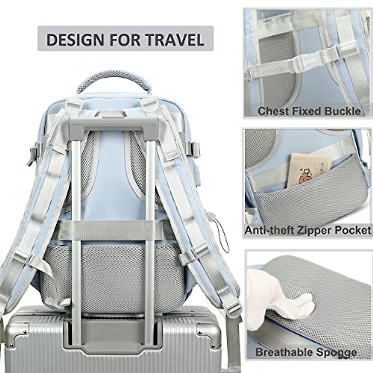 Travel Backpack for Women Men 15.6 Inch Laptop Backpacks with USB Port Carry on Bag Airline Approved Large College School Bookbags Waterproof Work Business Sport Rucksack Casual Daypack (Blue)