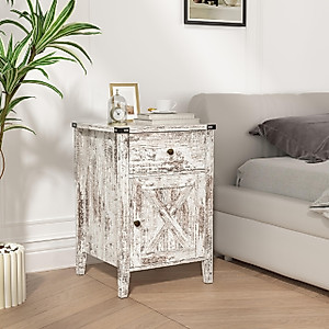 Betterhood Barnwood Rustic Farmhouse Nightstand Set of 2, Side Table with Barn Door and Drawers, Weathered Oak Style End Table for Bedroom, Grey Wash White (no Charging Station, 2)