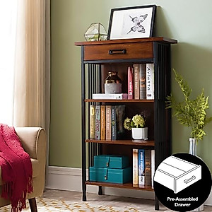 Leick Home 11262 Ironcraft Mantel Height Rustic Bookcase with Drawer Storage, 12" D x 30" W x 50" H, Mission oak/matte black