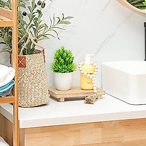 Wood Pedestal Stand Riser Rectangle Wooden Tray Sink Soap Holder Wood Bead Garland Rustic Farmhouse Tassels Beads for Home Bathroom Kitchen Table Decor Bottles Plant Jewelry Display (Light Brown)