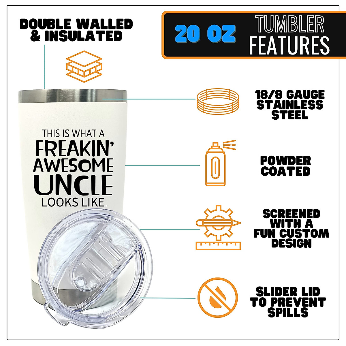 Brooke & Jess Designs Uncle Gift Tumbler - Large Travel Cup - Funny Gifts for Uncles