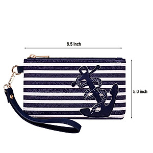 Small Anchor Wristlet Wallet Purse for Women Faux Leather Bag Handbag with Zipper Blue