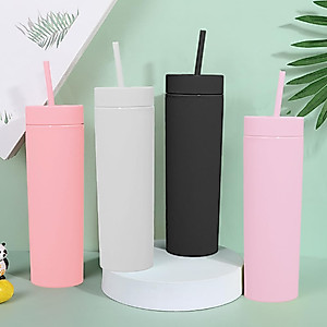 Skinny Tumblers with Lids and Straws Bulk.Matte Black Slim Tumbler Cups with Straws.16 oz Plastic Pastel Double Walled Acrylic Skinny Tumbler Set for Smoothie Ice Coffee.Customizable DIY Gift.
