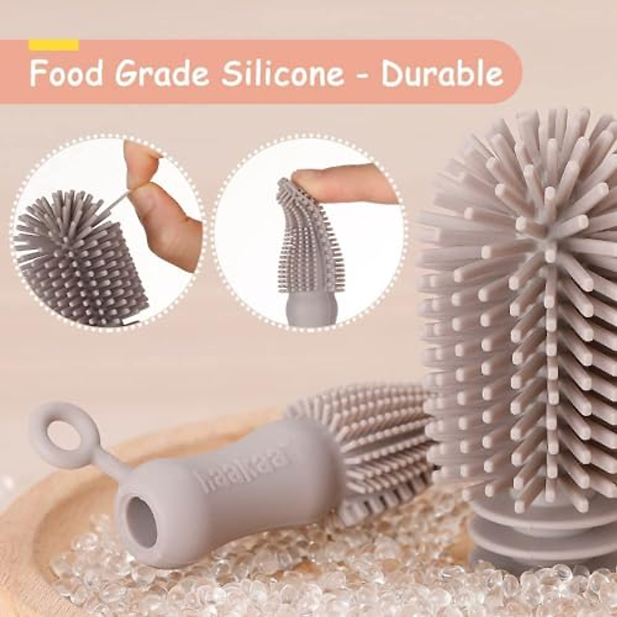 Haakaa Baby Bottle Brush Kit -Silicone Cleaning Brush for Breast Pump,Nipple,Breast Milk Storage Bag,Reusable Straw,Sippy Cup - Food Grade Silicone Bristles, Portable -3 Pcs - Light Gray