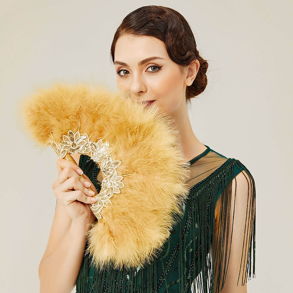 BABEYOND 1920s Marabou Feather Fan - Vintage Handheld Fan Bridal Feather Bouquet Bridesmaids Fan for Wedding (Yellow)