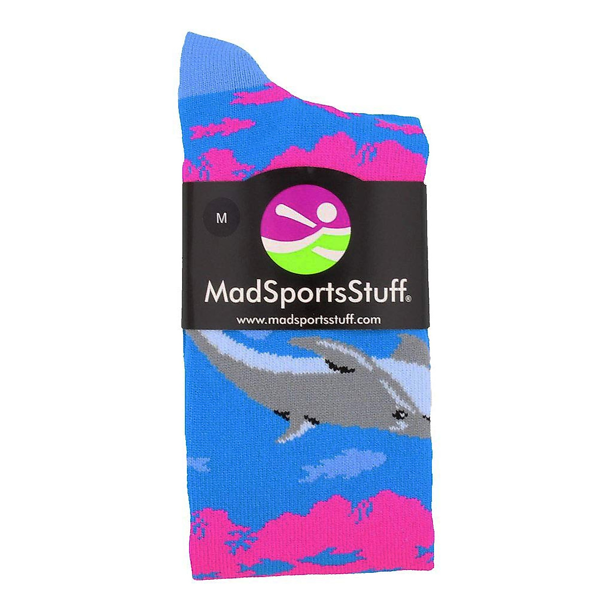 MadSportsStuff Happy Dolphins Over the Calf Socks (Electric Blue/Neon Pink, Small)