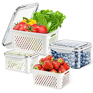 TBMax Fruit Storage Containers for Fridge - 3 Pack Large Produce Saver Containers Fridge Organizers with Airtight Lid & Colander, Vegetable Storage Lettuce Keepers Berry Containers for Refrigerator