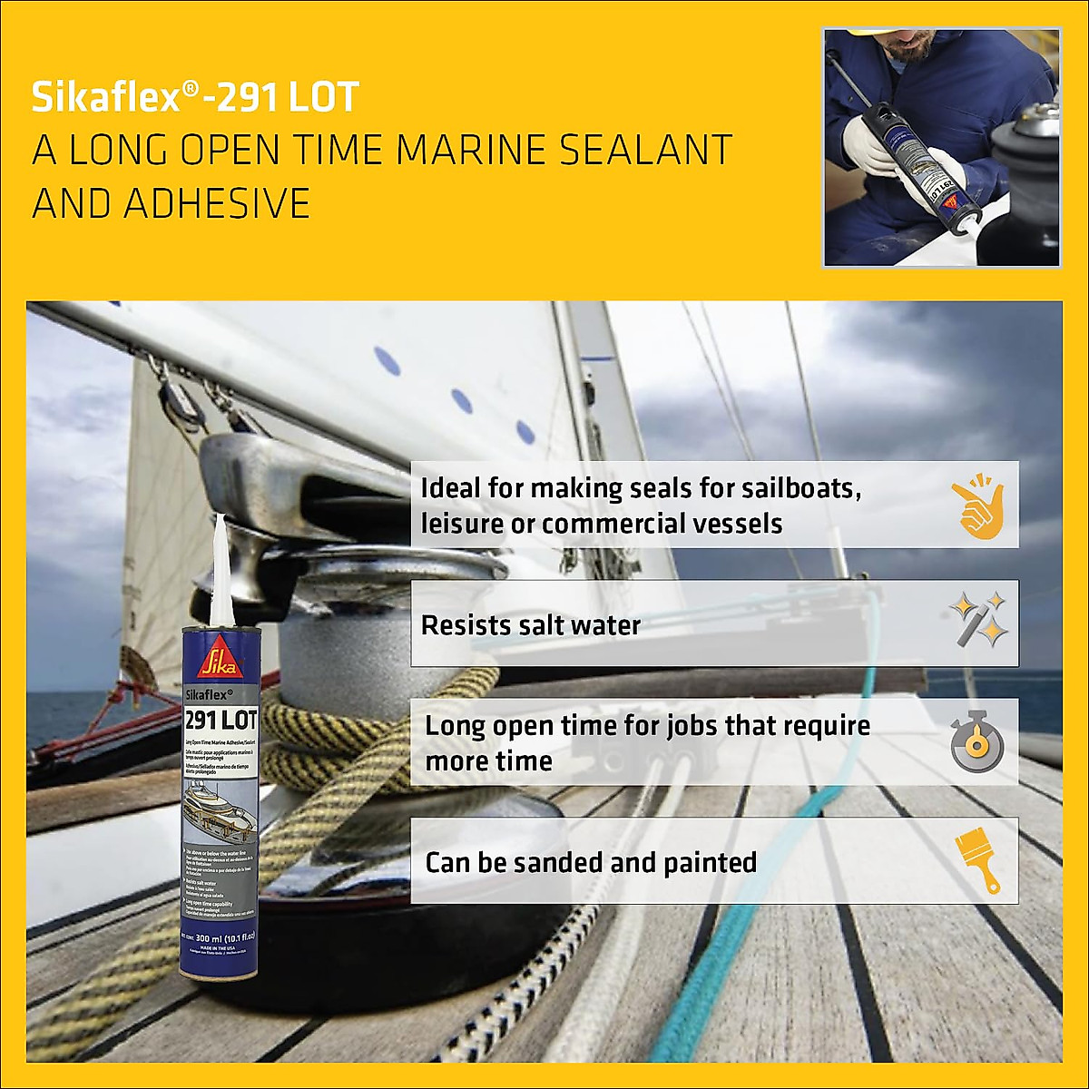 Sikaflex-291 LOT, White, Marine Adhesive and sealant, General All-Purpose PU Adhesive with Long Open time, 10.1 fl. oz