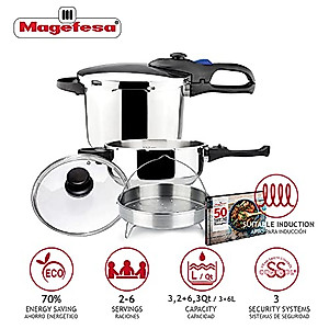 Magefesa® Favorit Six Super-Fast pressure cooker, 3.2 + 6.3 Quart, stainless steel, suitable induction, heat diffuser bottom, 5 safety systems SPECIAL EDITION (Steam basquet + Lid + Recipe book)
