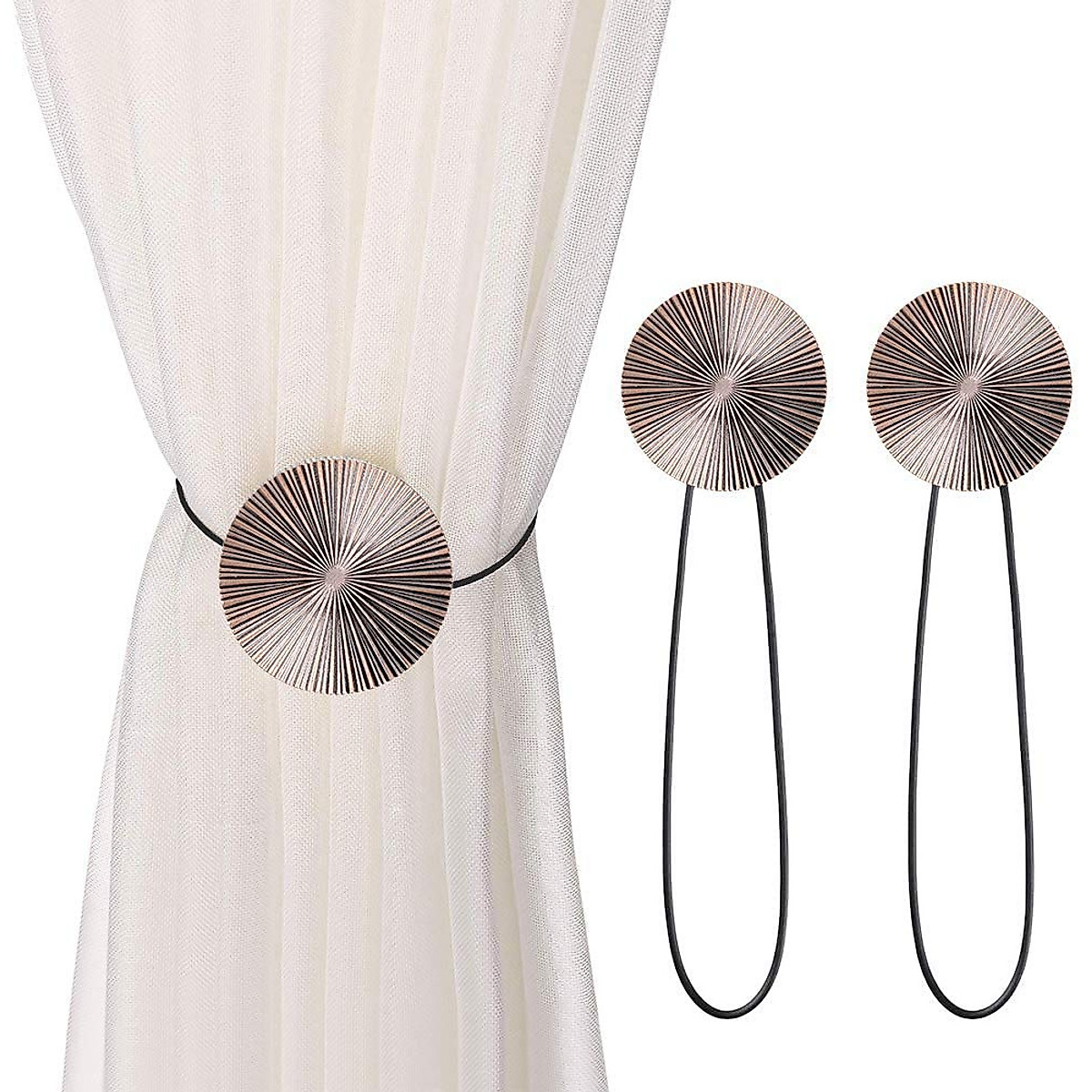 Magnetic Curtain Tiebacks Clips Decorative Rope Holdbacks, 2 Pack Sector Tie Backs Weave Holder for Window Draperies Hold Curtains Drape Ties Backs Holdback, Bedroom Home Décor (2, Rose Gold)